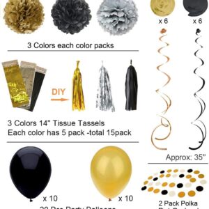 Black and Gold Party Decorations - DIY Tissue Paper Pom Poms Flowers, Tassel, Balloons, Hanging Swirl, Paper Circle Garland for Graduation and Retirement Party Decor