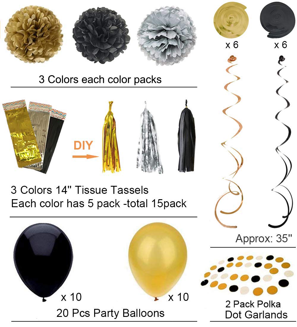 Black and Gold Party Decorations - DIY Tissue Paper Pom Poms Flowers, Tassel, Balloons, Hanging Swirl, Paper Circle Garland for Graduation and Retirement Party Decor