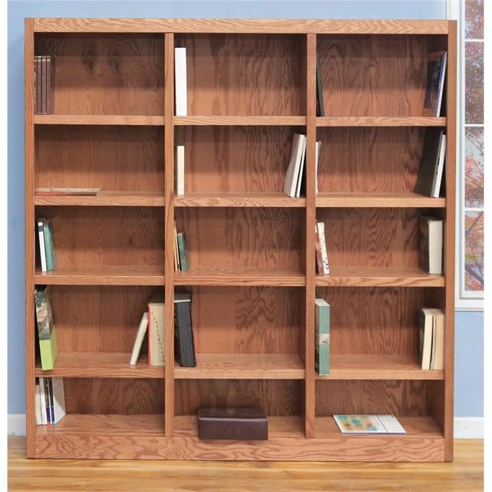 Traditional 72" Tall 15-Shelf Triple Wide Wood Bookcase in Dry Oak