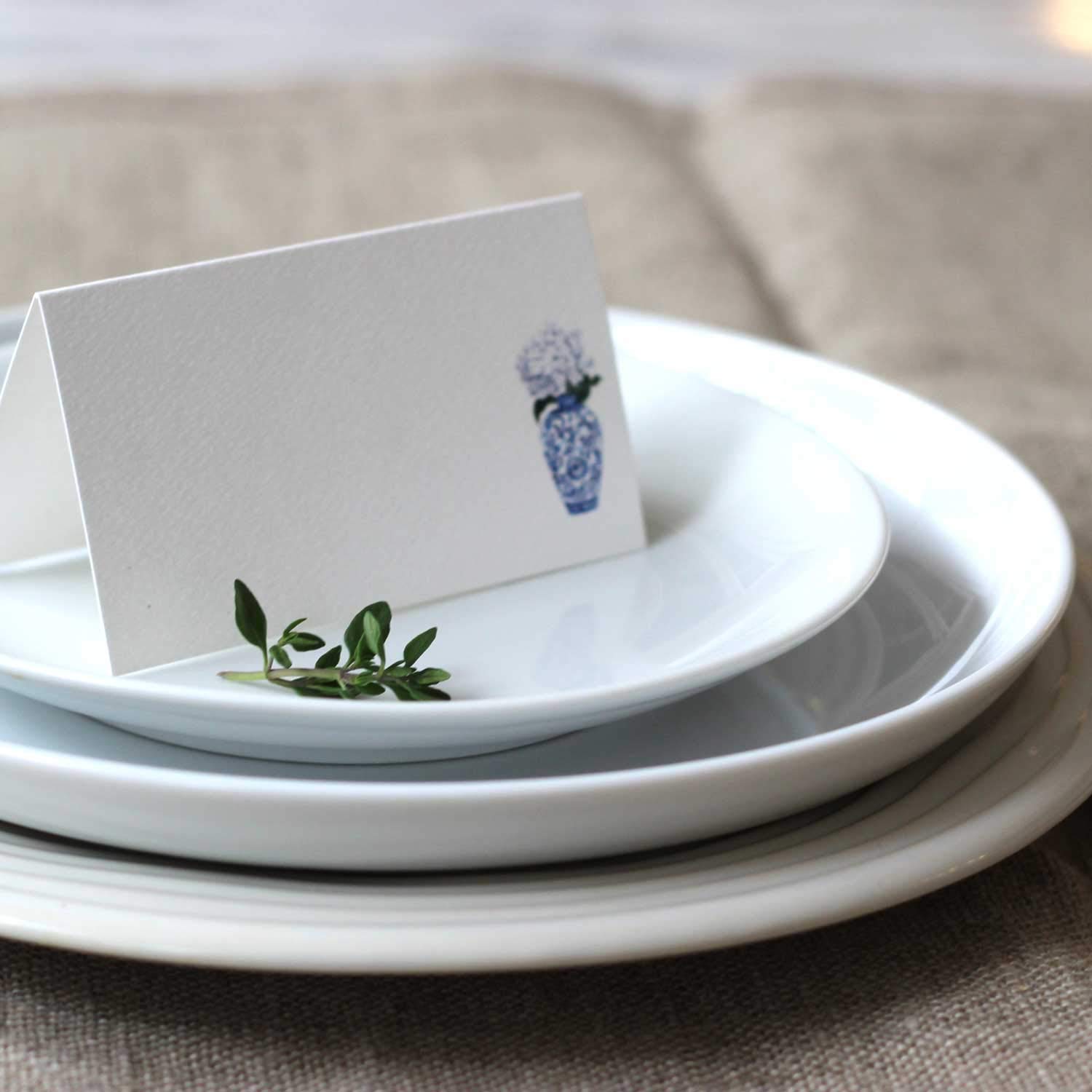 Nancy Nikko Place Cards with Blue and White Ginger jar with White Flowers. Table Tent Style, Scored for Easy Folding. Available in Pkgs of 12/25 / 50 (12)