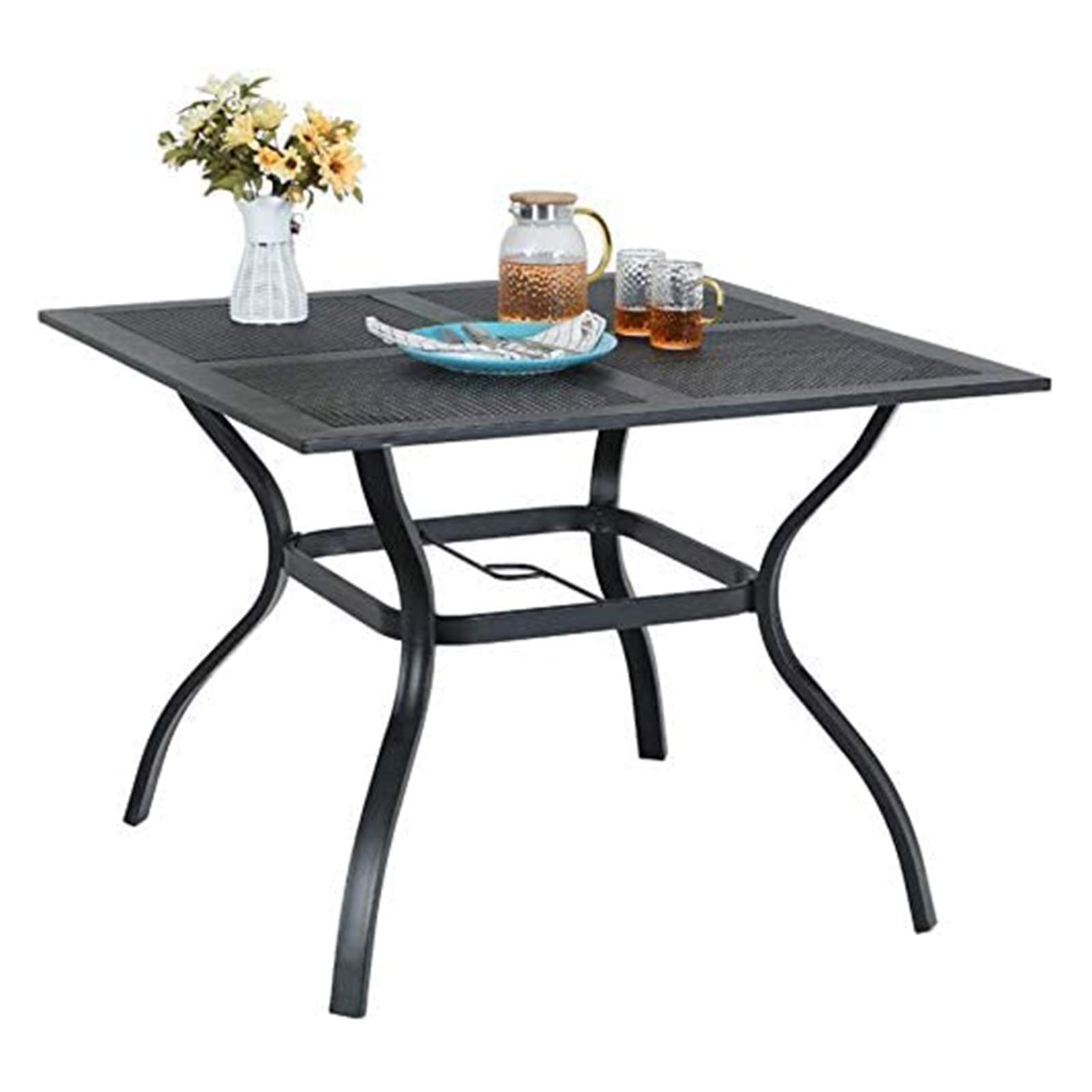 MFSTUDIO 37" x 37" Square Outdoor Dining Table Patio Bistro Table Powder-Coated Steel Frame Top Umbrella Stand Deck Outdoor Furniture Garden Table, Black