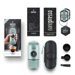 WACACO Nanopresso Portable Espresso Maker with Case, Mini Travel Coffee Machine, Perfect for Camping, Travel and Office（ Elements Arctic Blue）