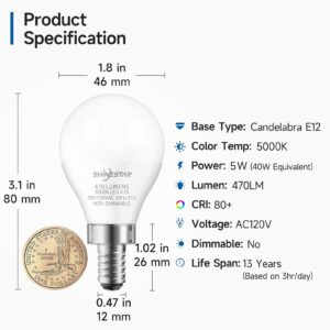 SHINESTAR 8-Pack Ceiling Fan Light Bulbs, Small Base, 120V 40W Equivalent, 5000K Daylight, E12 LED Candelabra Bulb, Non-Dimmable