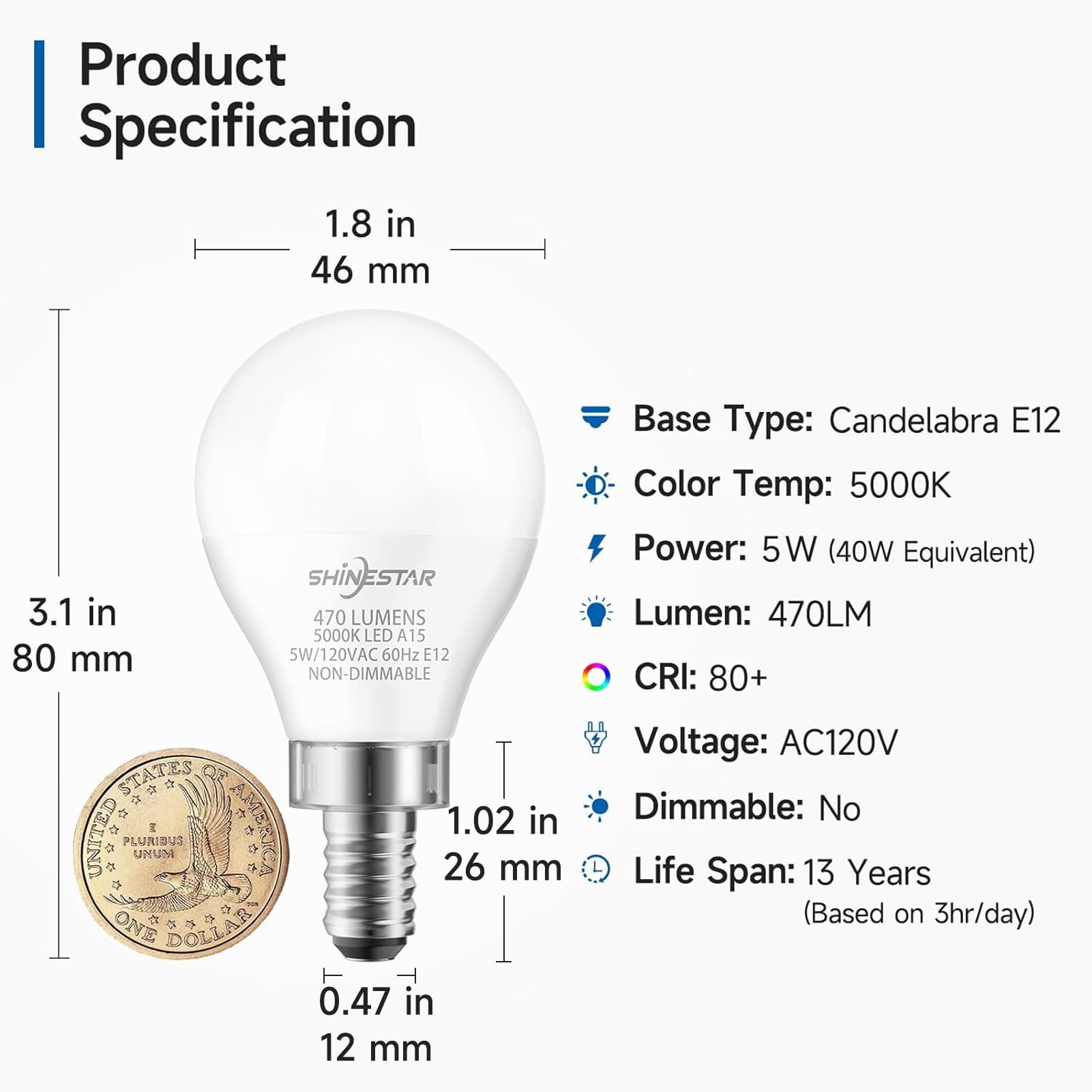 SHINESTAR 8-Pack Ceiling Fan Light Bulbs, Small Base, 120V 40W Equivalent, 5000K Daylight, E12 LED Candelabra Bulb, Non-Dimmable