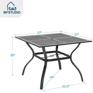 MFSTUDIO 37" x 37" Square Outdoor Dining Table Patio Bistro Table Powder-Coated Steel Frame Top Umbrella Stand Deck Outdoor Furniture Garden Table, Black