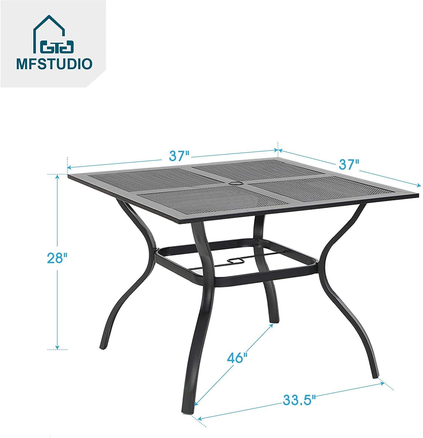 MFSTUDIO 37" x 37" Square Outdoor Dining Table Patio Bistro Table Powder-Coated Steel Frame Top Umbrella Stand Deck Outdoor Furniture Garden Table, Black