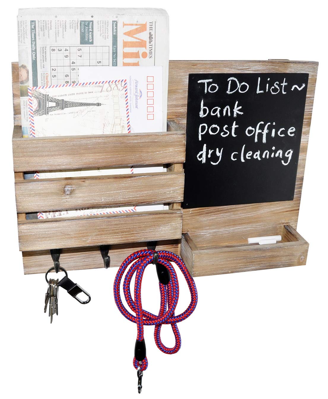 DUCIHBA Key Hooks Holder, Entryway Mail Sorter Envelope Organizer Chalkboard, Leash Purse Hanging Rack, Home Decorative Wall Floating Shelf, 16.5” W x 12" H x 4” D, Rustic Wood Grey