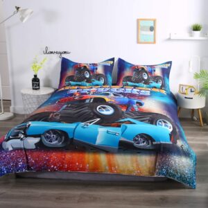 Suncloris,3D Monster Truck Home Bedding,Crushing on Car Freestyle Monster Truck Duvet Cover Sets.Included: Duvet Cover,Pillowcase(no Comforter Inside) (Queen)