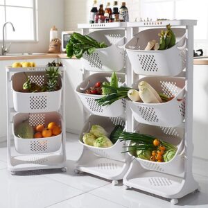 Multipurpose Sorter Basket ,3-Tier Laundry Basket with Wheel Rolling Laundry Sorter Hamper for Kitchen Bedroom Baedroom Bathroom ,Tier Basket Stand with 6 Side Hooks Storage Shelf