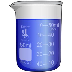 50ml Beaker, Low Form Griffin, Borosilicate 3.3 Glass, Graduated, Double Scale, Karter Scientific 213D46 (Pack of 6)