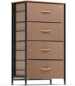 waytrim dresser storage tower, 4 fabric organizer drawers, wide chest of drawers for closet boys & girls bedroom, bedside furniture, steel frame, wood top, fabric bins, easy installation (brown)