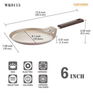 CHEFMADE Mini Crepe Pan with Bamboo Spreader, 6-Inch Non-Stick Pancake Pan with Insulating Silicone Handle for Gas, Induction, Electric Cooker (Champagne Gold)