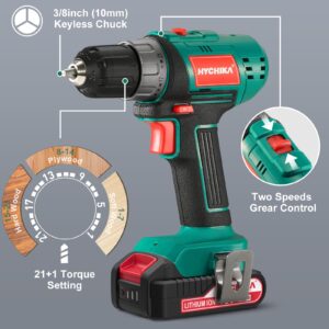 Cordless Drill Driver and Impact Driver 20V, HYCHIKA Drill Combo Kit, 2x2.0Ah Batteries, 1H Fast Charging, 22PCS Accessories for Drilling Wood, Metal and Plastic