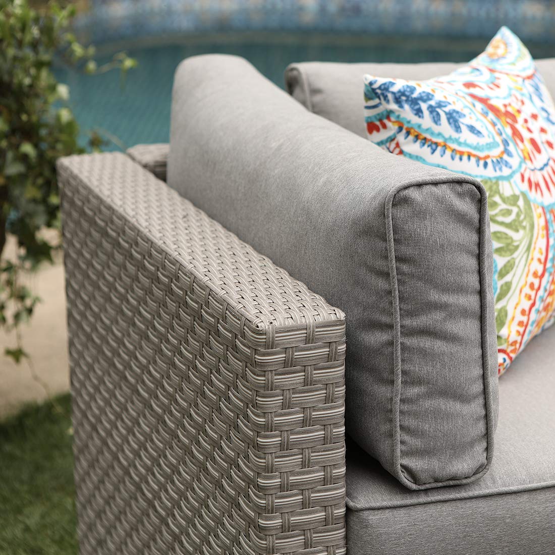 COSIEST Outdoor Furniture Add-on Left Corner Chair for Expanding Wicker Sectional Sofa Set w Warm Gray Thick Cushions, 1 Floral Fantasy Pillow for Garden, Pool, Backyard