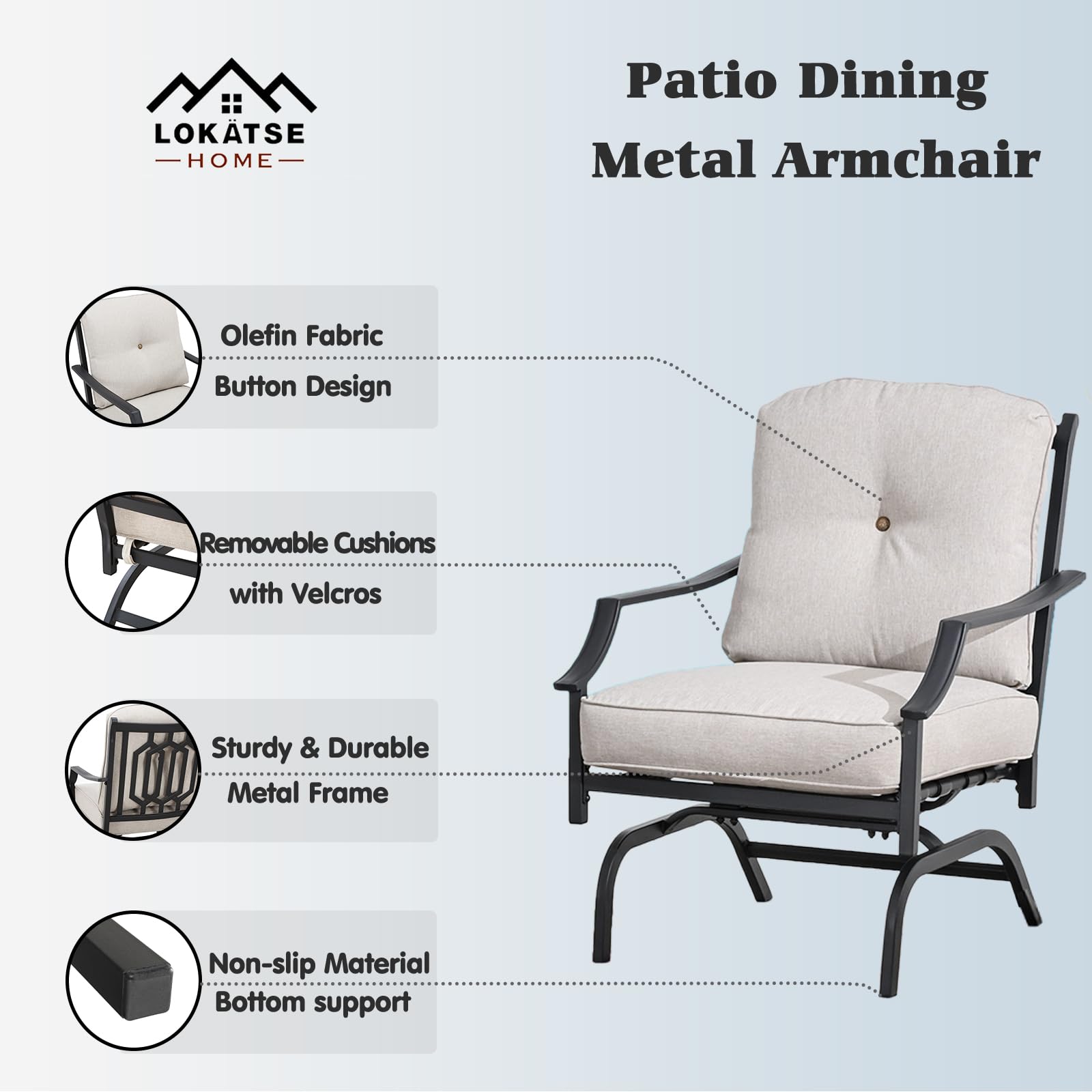 LOKATSE HOME Outdoor Patio Iron Steel Bistro Club Furniture Conversation Sets Modern Dining Chair with Cushion-Beige