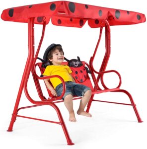 honey joy kids patio swing, 2-seater outdoor porch swing lounge chair w/canopy & safety belt, all weather resistant waterproof hanging swing bench for patio garden poolside balcony(red beetle)