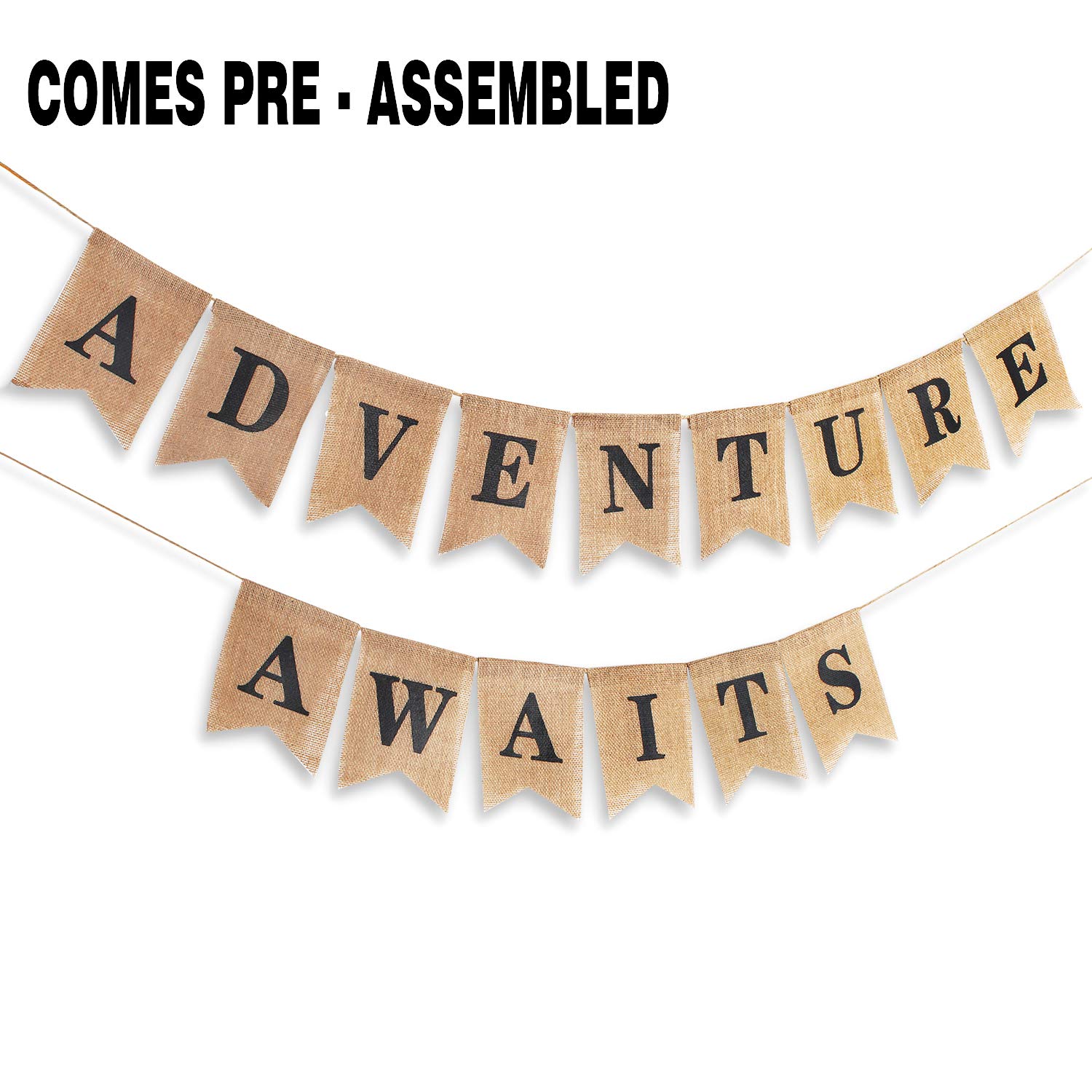 LINGTEER Adventure Awaits Burlap Banner Bunting Bon Voyage Travel Retirement Graduations Wedding Party Pennant Decorations Supplies - [Pre Strung].