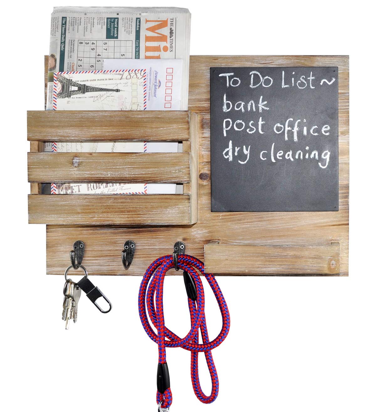 DUCIHBA Key Hooks Holder, Entryway Mail Sorter Envelope Organizer Chalkboard, Leash Purse Hanging Rack, Home Decorative Wall Floating Shelf, 16.5” W x 12" H x 4” D, Rustic Wood Grey