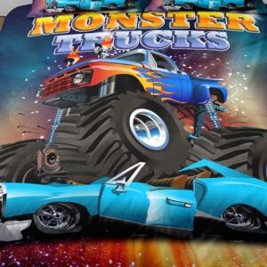 Suncloris,3D Monster Truck Home Bedding,Crushing on Car Freestyle Monster Truck Duvet Cover Sets.Included: Duvet Cover,Pillowcase(no Comforter Inside) (Queen)