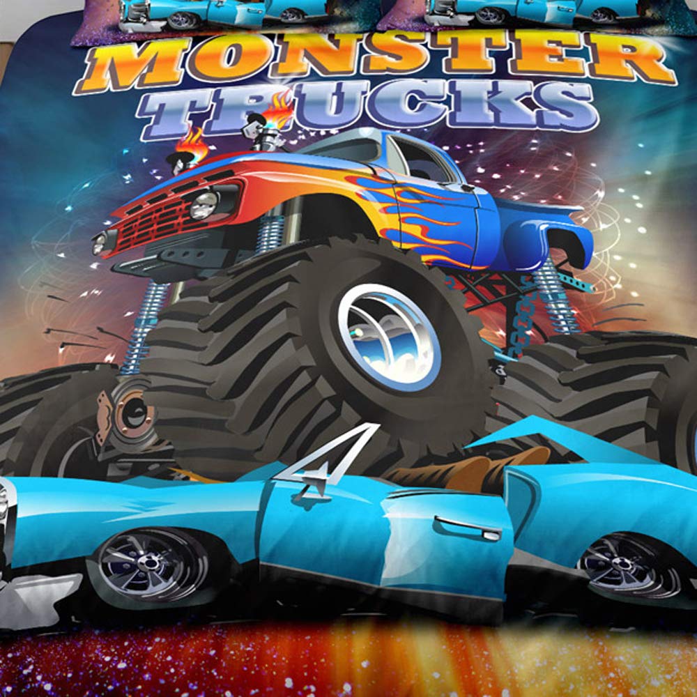 Suncloris,3D Monster Truck Home Bedding,Crushing on Car Freestyle Monster Truck Duvet Cover Sets.Included: Duvet Cover,Pillowcase(no Comforter Inside) (Queen)