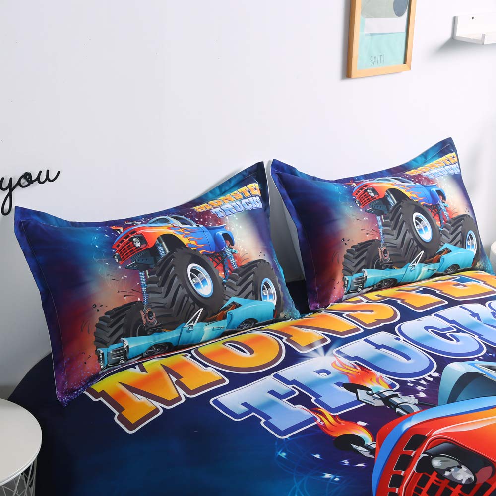 Suncloris,3D Monster Truck Home Bedding,Crushing on Car Freestyle Monster Truck Duvet Cover Sets.Included: Duvet Cover,Pillowcase(no Comforter Inside) (Queen)