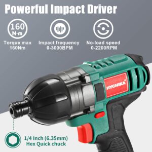 Cordless Drill Driver and Impact Driver 20V, HYCHIKA Drill Combo Kit, 2x2.0Ah Batteries, 1H Fast Charging, 22PCS Accessories for Drilling Wood, Metal and Plastic