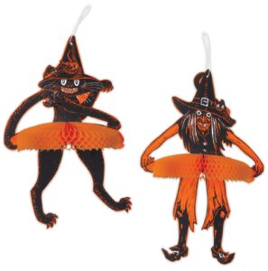 beistle vintage halloween tango witch & cat, 15" - 16", black/orange/white