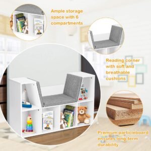 HONEY JOY Reading Nook Organizer with Seat Cushion, Kids Bookcase with Reading Nook, 6-Cubby Wooden Corner Storage Shelf Book Nook for Playroom Bedroom Decor (White)