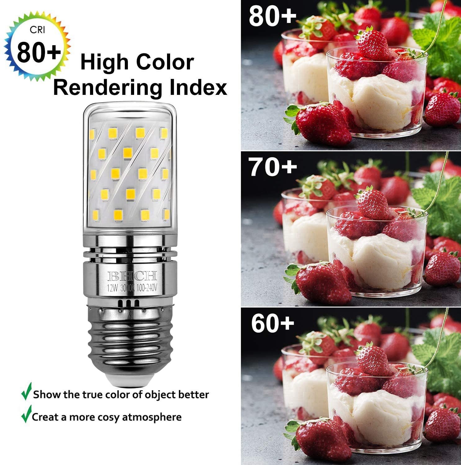 BHCH E26 LED Corn Bulbs 12W,3000K Warm White,1200LM,Edison Screw Bulbs,100W Incandescent Bulbs Equivalent,Pack of 4