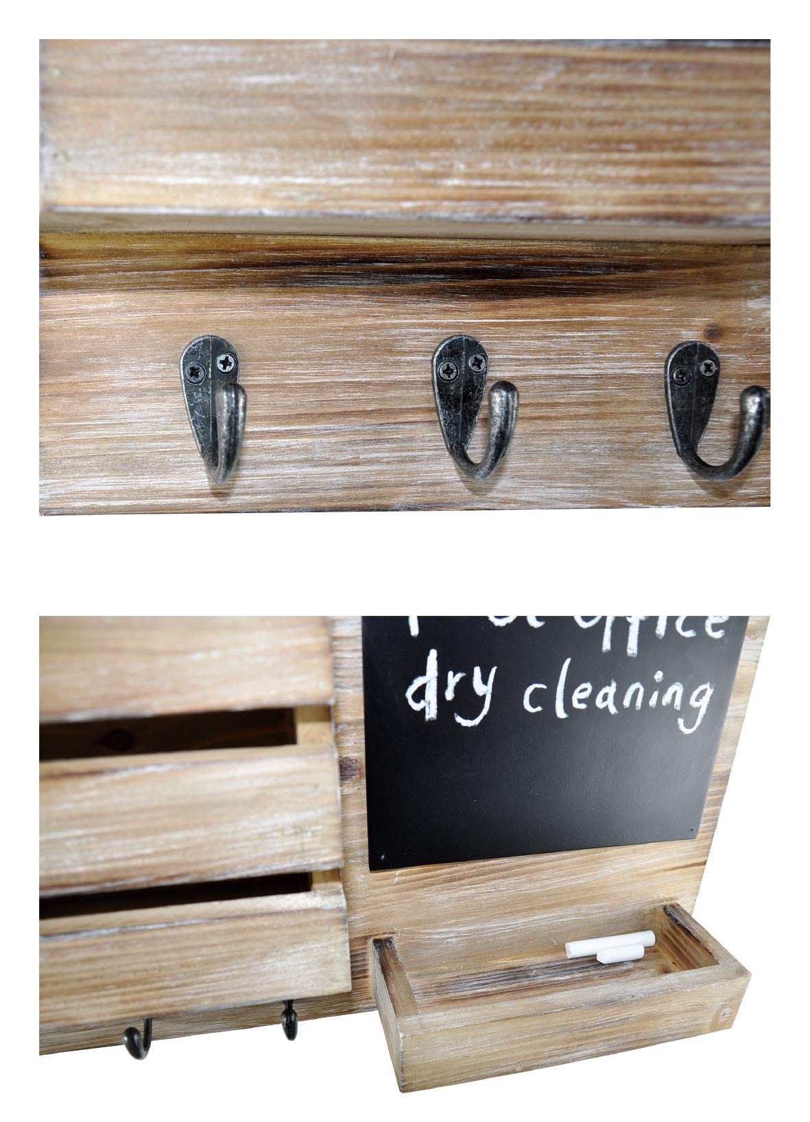 DUCIHBA Key Hooks Holder, Entryway Mail Sorter Envelope Organizer Chalkboard, Leash Purse Hanging Rack, Home Decorative Wall Floating Shelf, 16.5” W x 12" H x 4” D, Rustic Wood Grey