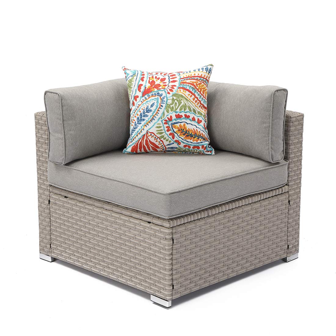 COSIEST Outdoor Furniture Add-on Left Corner Chair for Expanding Wicker Sectional Sofa Set w Warm Gray Thick Cushions, 1 Floral Fantasy Pillow for Garden, Pool, Backyard