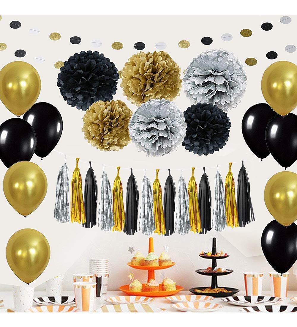 Black and Gold Party Decorations - DIY Tissue Paper Pom Poms Flowers, Tassel, Balloons, Hanging Swirl, Paper Circle Garland for Graduation and Retirement Party Decor