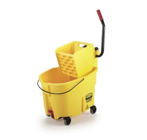 rubbermaid commercial 35qt wavebrake 2.0 side-press mopping bucket and wringer with foot pedal drain, yellow, for professional/industrial/business heavy-duty floor cleaning/mopping