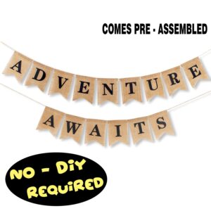 LINGTEER Adventure Awaits Burlap Banner Bunting Bon Voyage Travel Retirement Graduations Wedding Party Pennant Decorations Supplies - [Pre Strung].