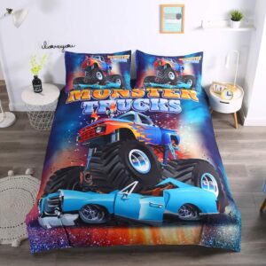 Suncloris,3D Monster Truck Home Bedding,Crushing on Car Freestyle Monster Truck Duvet Cover Sets.Included: Duvet Cover,Pillowcase(no Comforter Inside) (Queen)