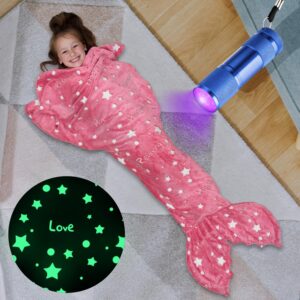 mermaid tail blanket for girls,glow in the dark blanket, snuggle girls throw, plush cozy soft fleece girls blanket age 1-10, toddler mermaid tail blanket, birthday gift, sleeping bag all seasons,pink