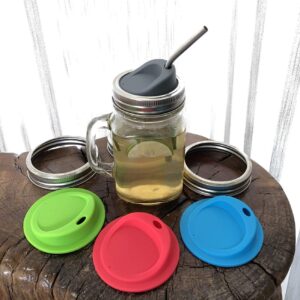 THINKCHANCES Reusable Food Grade and BPA Free Silicone Sip Coffee Juice Drinking Lid Kit with Stainless Steel Rings for Mason, Ball, Canning Jars, Pack of 4 Sets (Wide Mouth,Oval Drinking Hole)