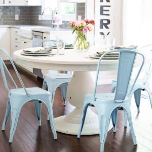 Furniwell Metal Dining Chairs Indoor Outdoor Use Stackable Tolix Industrial Metal Chairs Set of 4 for Kitchen, Dining Room, Bistro and Cafe (Distressed Blue)