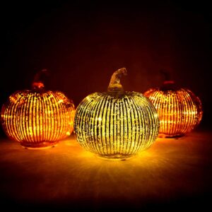 hvfun Mercury Glass Light up Pumpkin with Timer- Fall Decoration for Home-Lamps for Festive Decoration-Halloween Decorations (Gold)