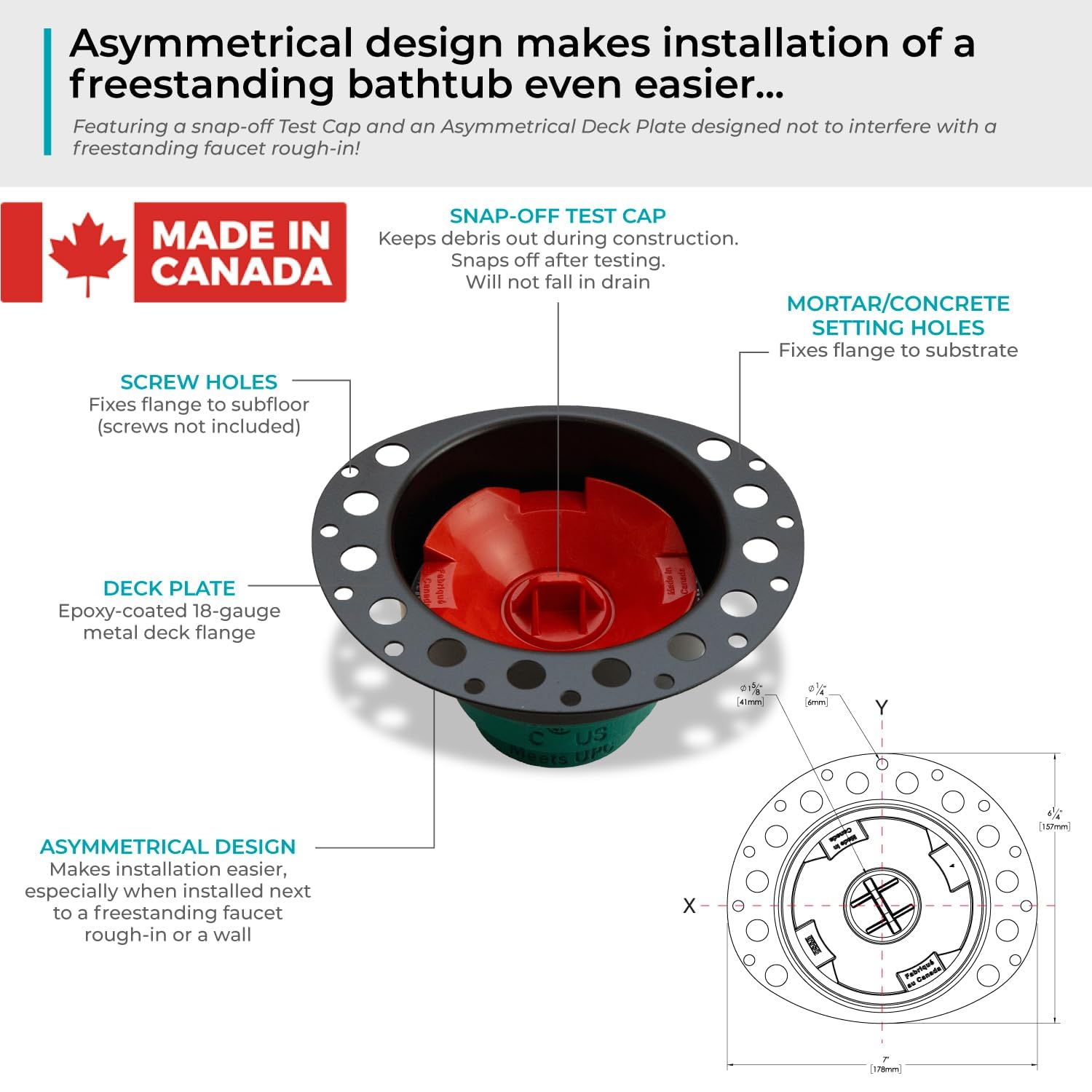 OS&B ID357 Cast Iron Island Tub Drain Rough-in for Freestanding Bathtub, Simplifies Installation, Water, Air, and Smoke Testable Tub Drain, Designed for 8"/10" Joist Space, Plumbing Supplies