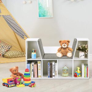 HONEY JOY Reading Nook Organizer with Seat Cushion, Kids Bookcase with Reading Nook, 6-Cubby Wooden Corner Storage Shelf Book Nook for Playroom Bedroom Decor (White)