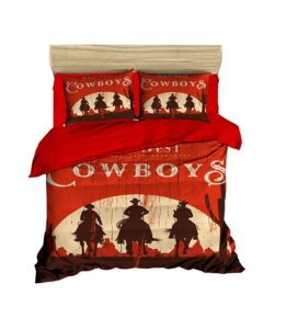 3d printed cowboy bedding set, wild west cowboys western style and horses themed 100% cotton quilt/duvet cover set, special design, vintage bed set, red, full/queen size, no flat or no fitted (3 pcs)