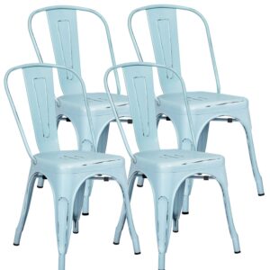 furniwell metal dining chairs indoor outdoor use stackable tolix industrial metal chairs set of 4 for kitchen, dining room, bistro and cafe (distressed blue)