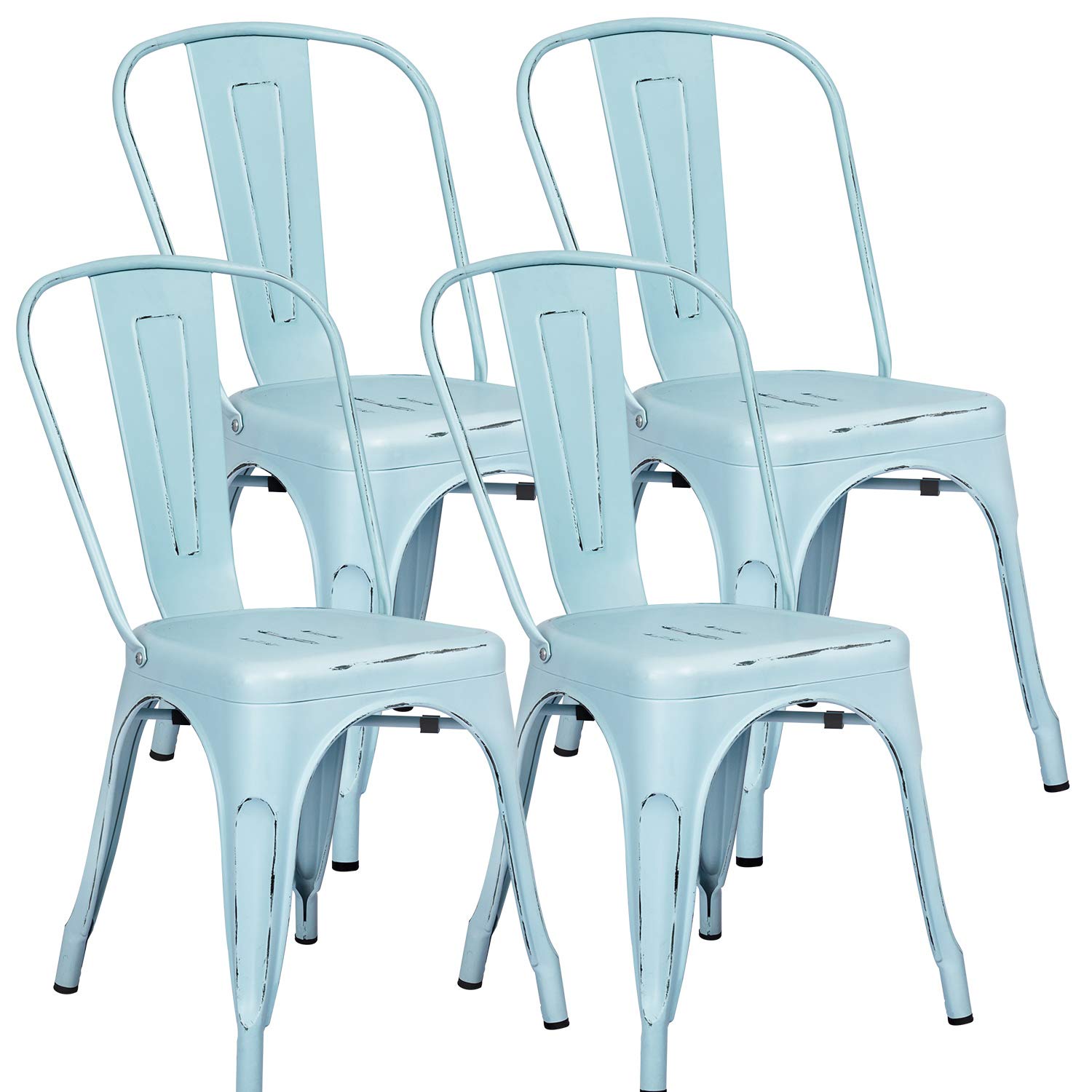 Furniwell Metal Dining Chairs Indoor Outdoor Use Stackable Tolix Industrial Metal Chairs Set of 4 for Kitchen, Dining Room, Bistro and Cafe (Distressed Blue)