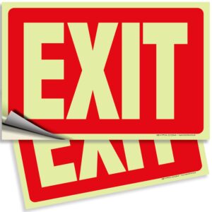 isyfix exit glow in the dark sign stickers red – 2 pack 10x7 inch – photoluminescent vinyl, laminated for uv, weather & fade resistance, indoor & outdoor for business, school, office, warehouse