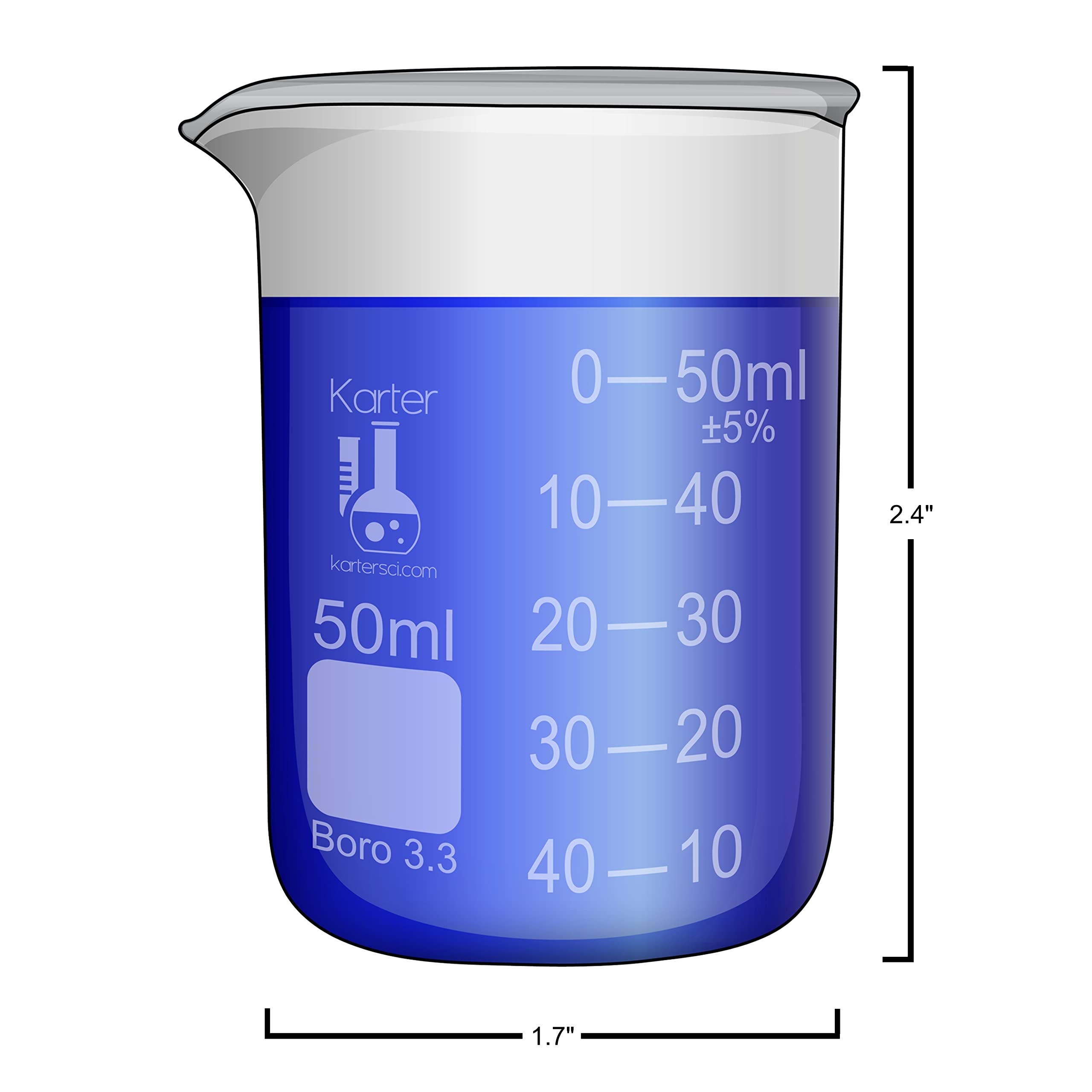 50ml Beaker, Low Form Griffin, Borosilicate 3.3 Glass, Graduated, Double Scale, Karter Scientific 213D46 (Pack of 6)