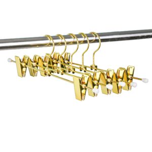 Amber Home 10 Pack Shiny Gold 12 Inch Metal Pants Skirts Hanger, Sturdy for Slacks Trousers with 2 Adjustable Non Slip Clips and Swivel Hook (10 Pack)