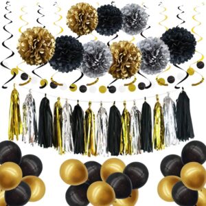 Black and Gold Party Decorations - DIY Tissue Paper Pom Poms Flowers, Tassel, Balloons, Hanging Swirl, Paper Circle Garland for Graduation and Retirement Party Decor