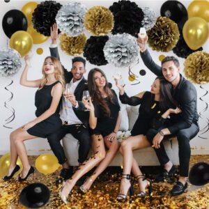 Black and Gold Party Decorations - DIY Tissue Paper Pom Poms Flowers, Tassel, Balloons, Hanging Swirl, Paper Circle Garland for Graduation and Retirement Party Decor