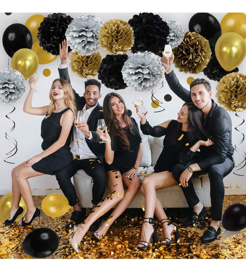 Black and Gold Party Decorations - DIY Tissue Paper Pom Poms Flowers, Tassel, Balloons, Hanging Swirl, Paper Circle Garland for Graduation and Retirement Party Decor